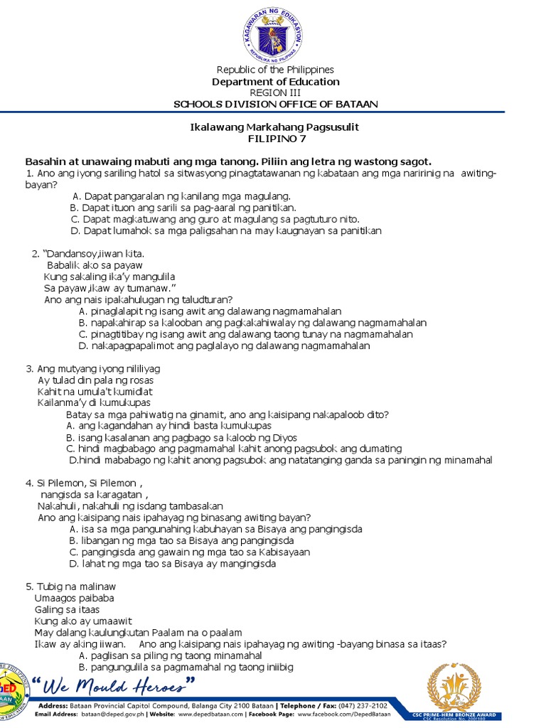 FILIPINO 7-2nd Periodical Test | PDF