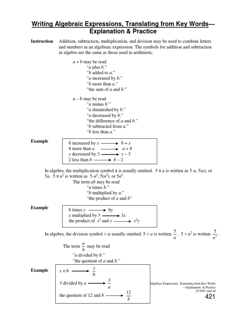 421 - 2015-Writing Algebraic Expressions - Explanation Practice | PDF