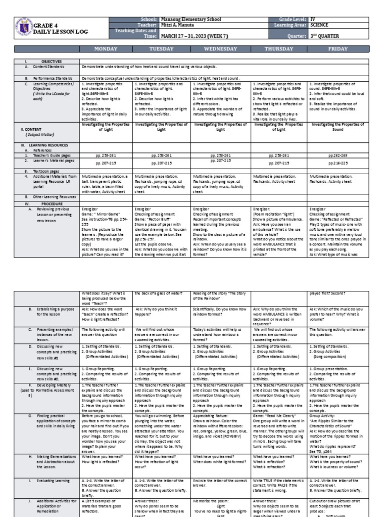 DLL - Science 4 - Q3 - W7 | PDF