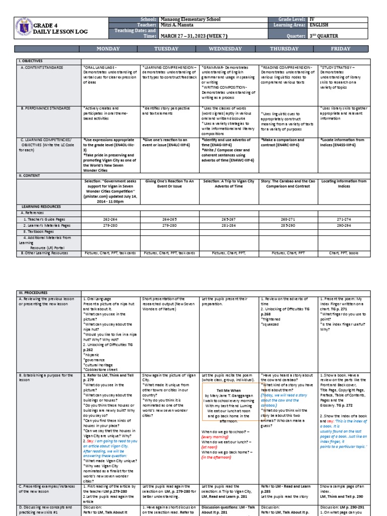 DLL - English 4 - Q3 - W7 | PDF