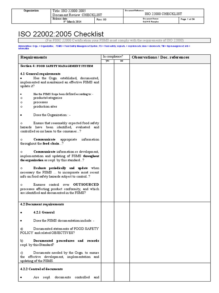 1B2 ISO 22002 Checklist Blank Form 1Oct 2014 | PDF
