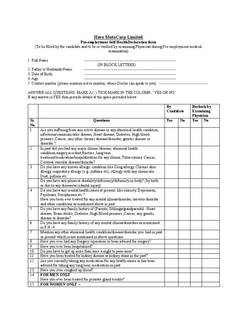 Pre employment Medical - declaration _HMCL DOCTORS | PDF