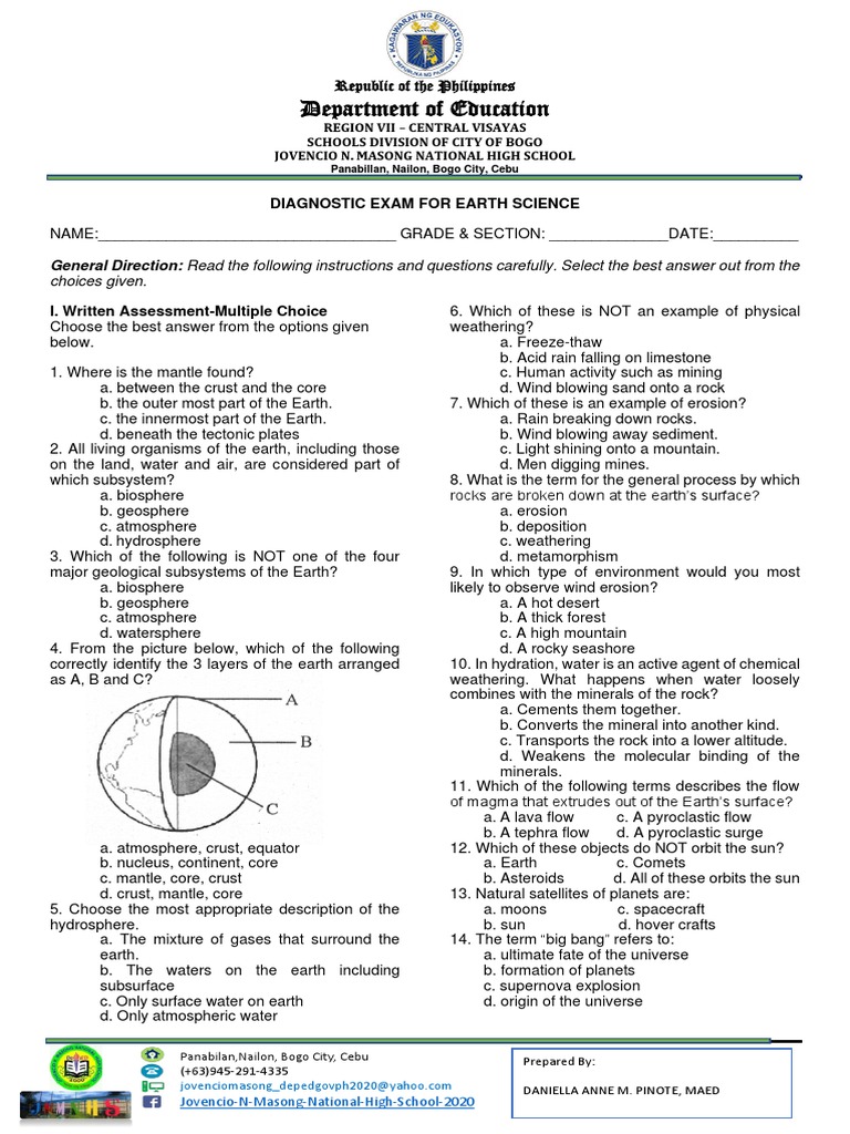 Diagnostic Exam For Earth Science | PDF