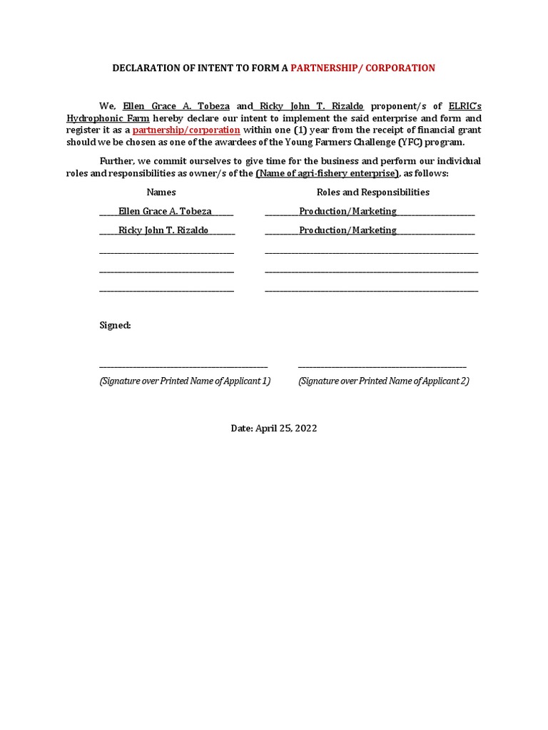 F SAMPLE DECLARATION of INTENT to Form a Partnership or Corporation | PDF