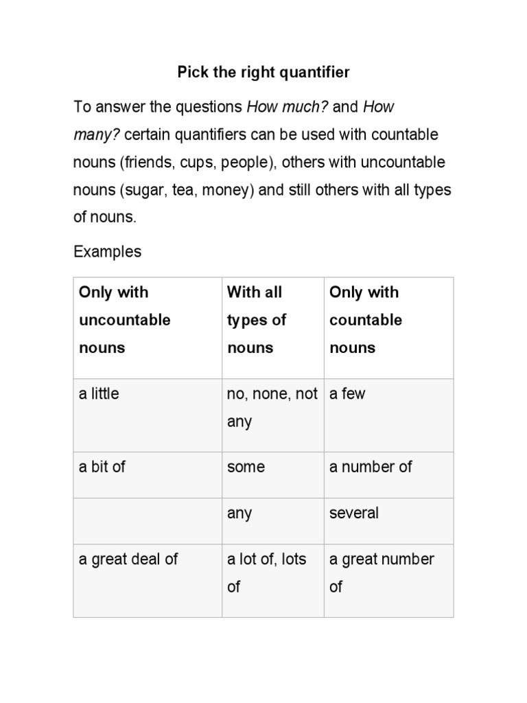 Pick The Right Quantifier | PDF | Noun | Language Mechanics