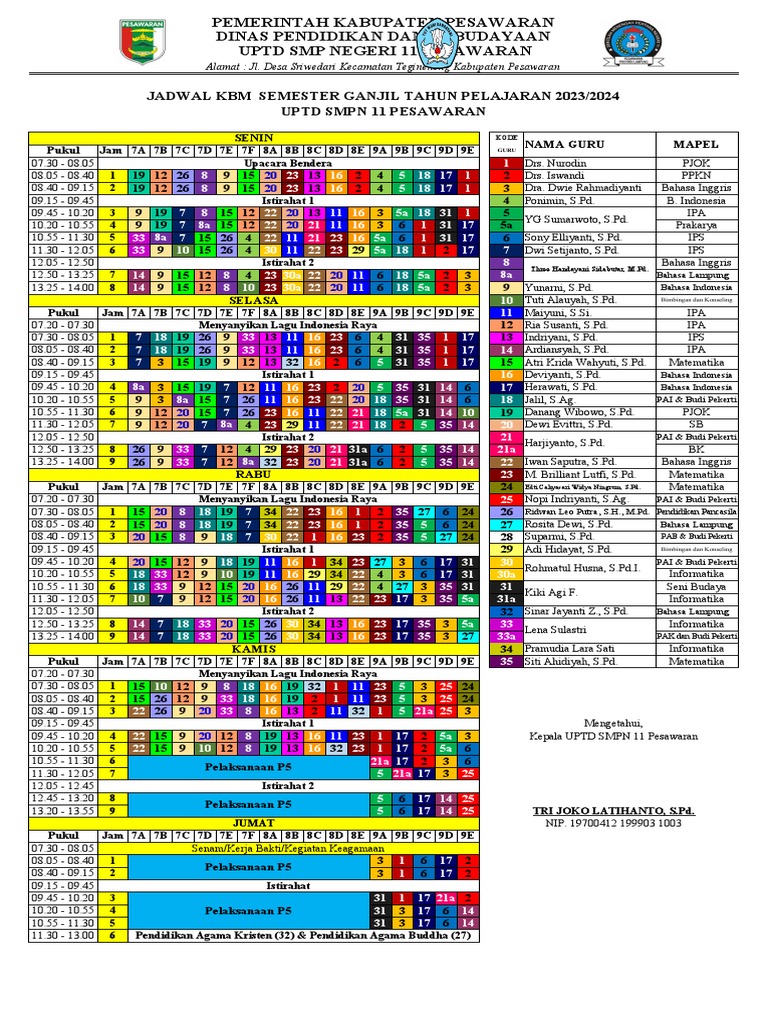Jadwal KBM Ganjil SMP 11 2023 - 2024 Baru Ok Fik. | PDF