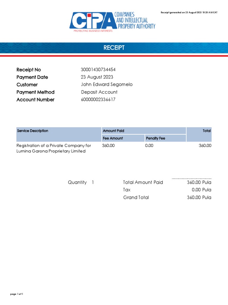 Receipt for Company Registration Payment | PDF