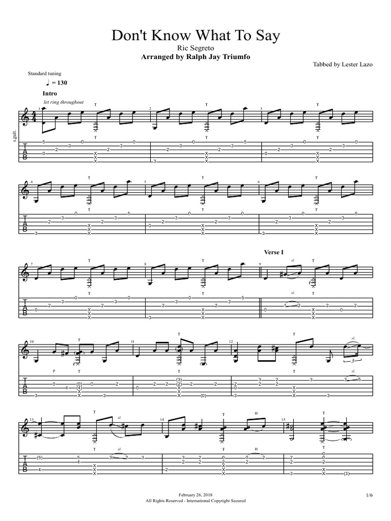 Dont Know What To Say - Ric Segreto (Guitar Fingerstyle) Tabbed by Lester Lazo | PDF | Guitar ...