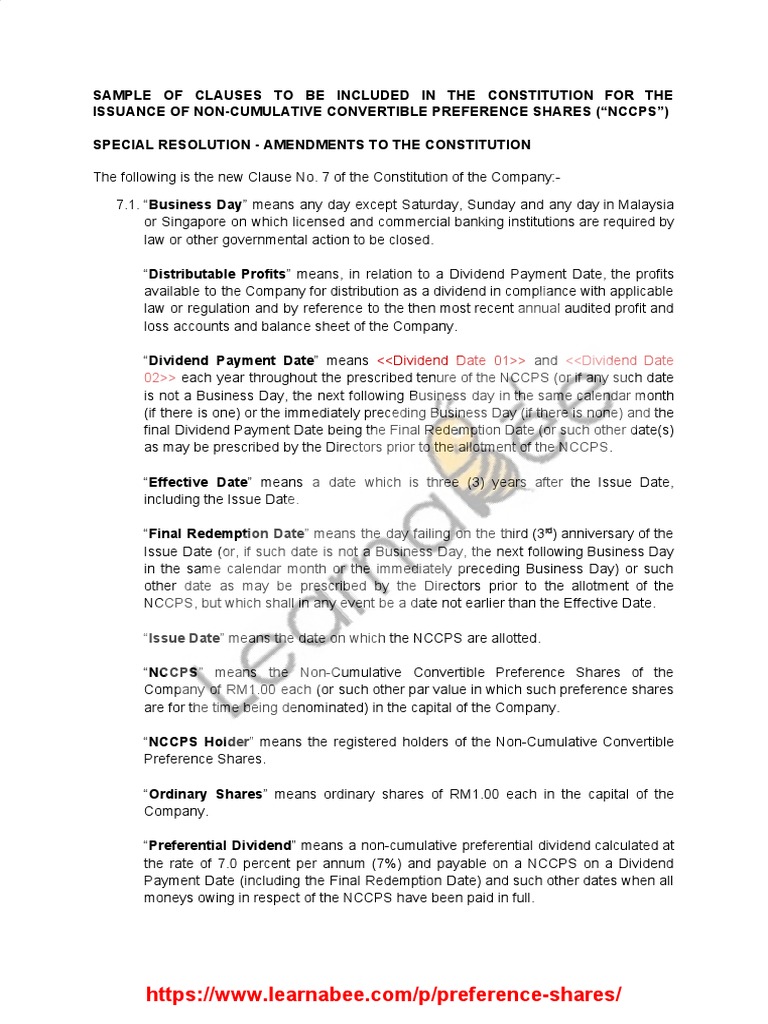 NCCPS Constitution Clauses Guide | PDF | Dividend | Preferred Stock