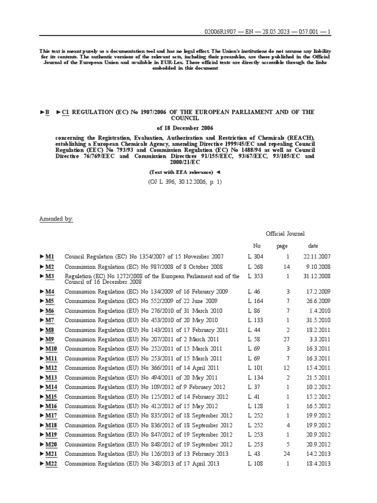 Reach Regulation 32006R1907 | PDF | Molecules | Chemical Substances