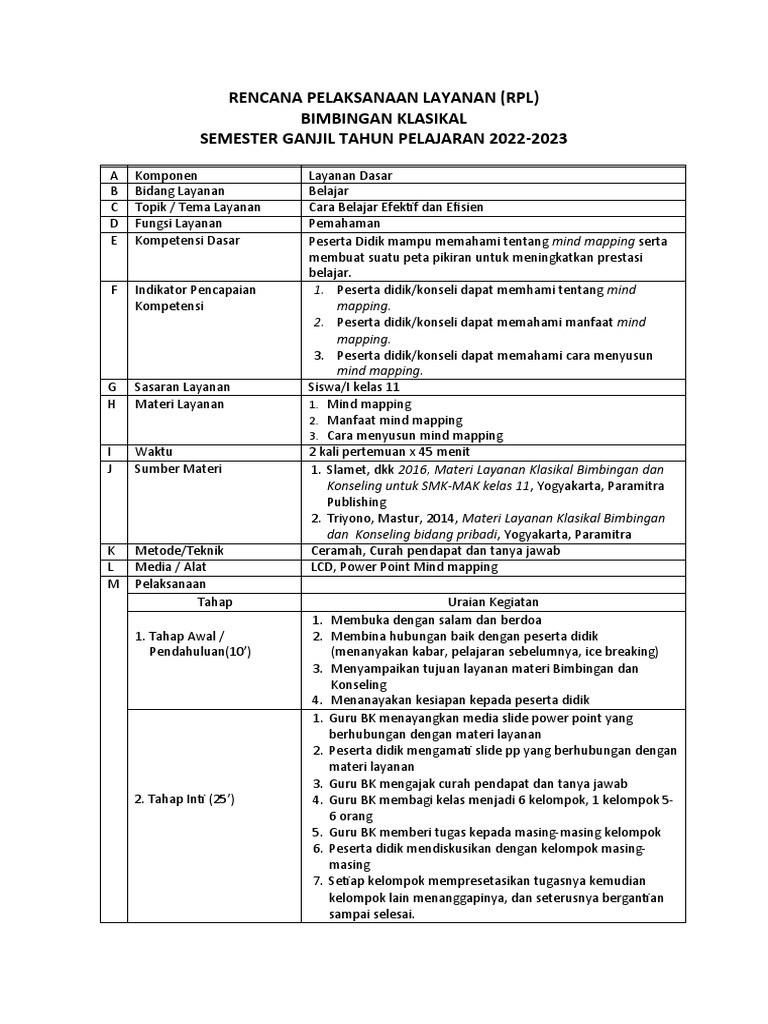 Rencana Pelaksanaan Layanan (RPL) Bimbingan Klasikal Semester Ganjil ...