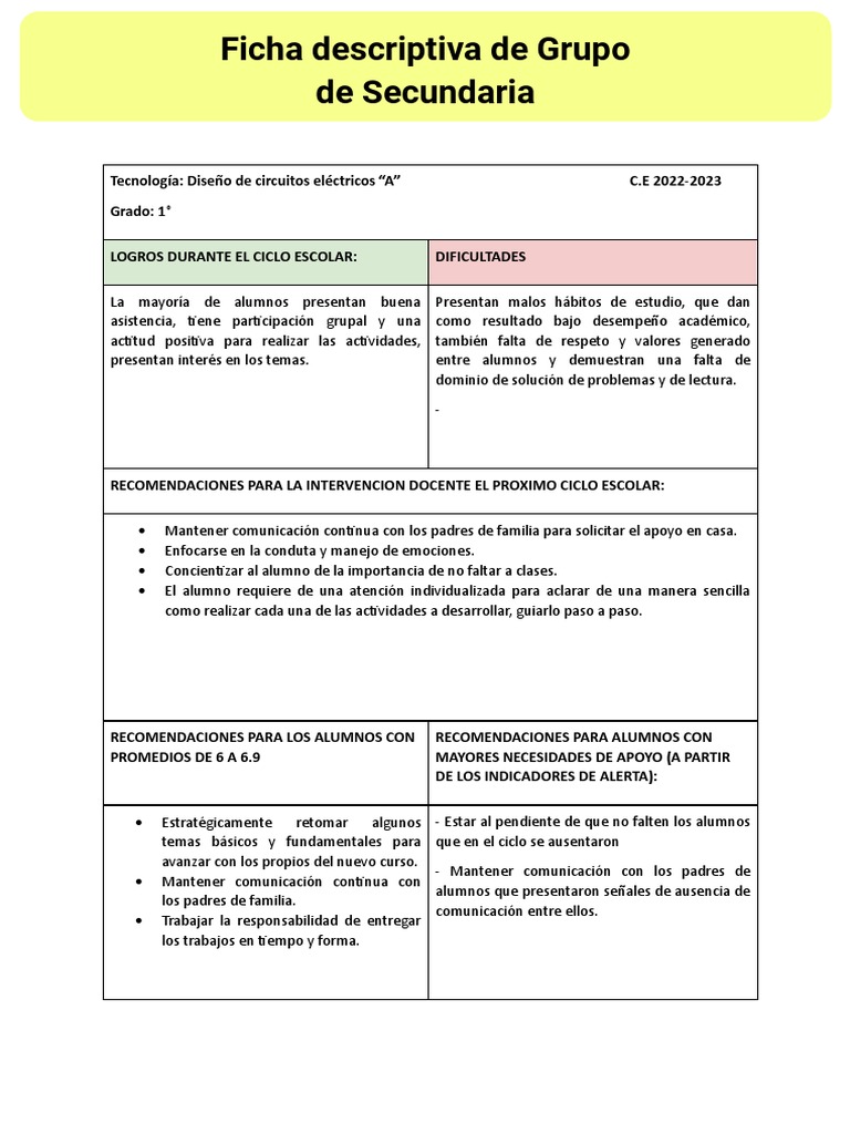 Ficha Descriptiva Grupal 1 Grado C.E 2022-2023 | PDF