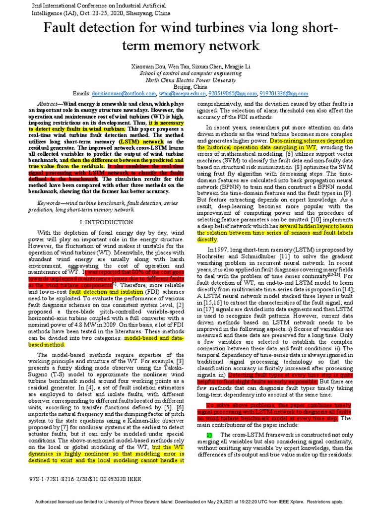 Fault Detection For Wind Turbines Via Long Short Term Memory Network