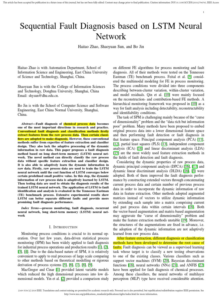 Sequential Fault Diagnosis Based On LSTM Neural Network | PDF
