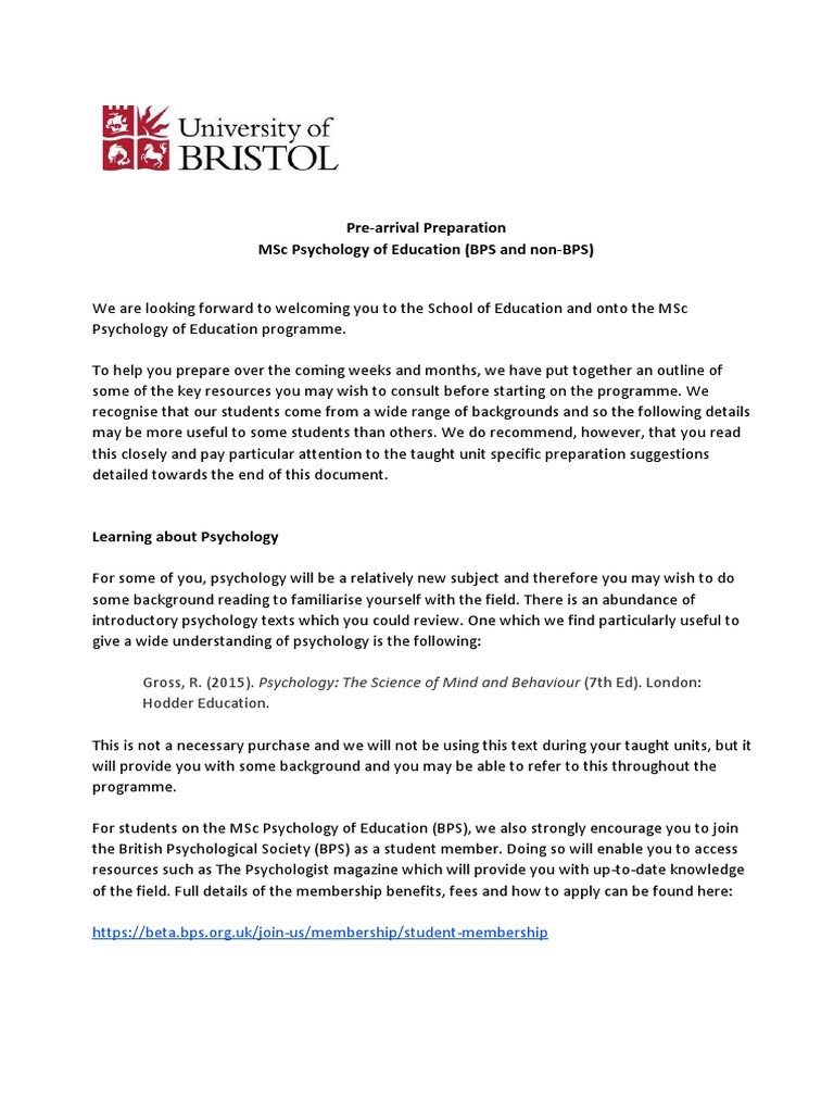 MSC Education (Psychology of Education) and MSC Psychology of Education (BPS) - Pre-Reading 2017 ...