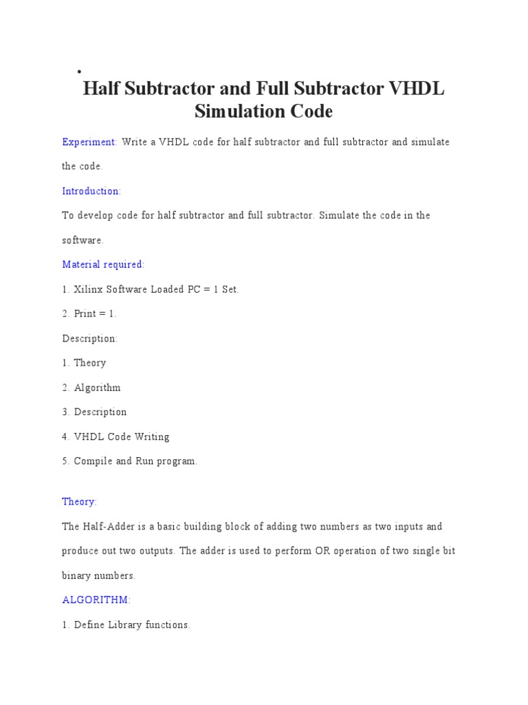 Half Subtractor and Full Subtractor VHDL Simulation Code | PDF | Vhdl | Computer Science