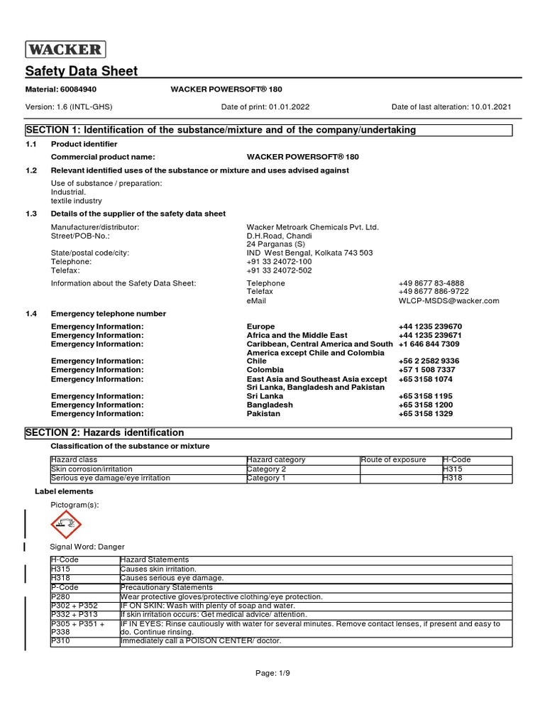 Wacker Powersoft 180 MSDS2022 | PDF | Toxicology | Toxicity