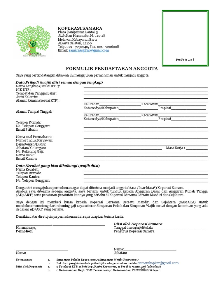 Formulir Pendaftaran Anggota Koperasi SAMARA | PDF