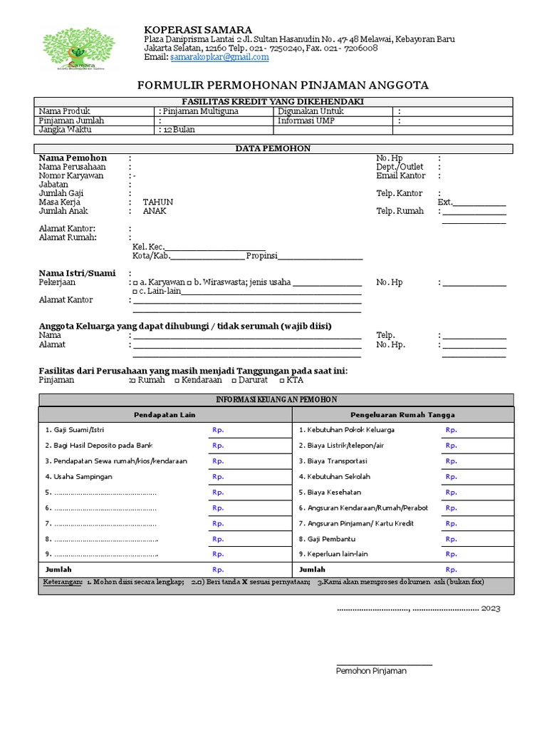 Formulir Permohonan Pinjaman Multiguna KOP. SAMARA.. | PDF