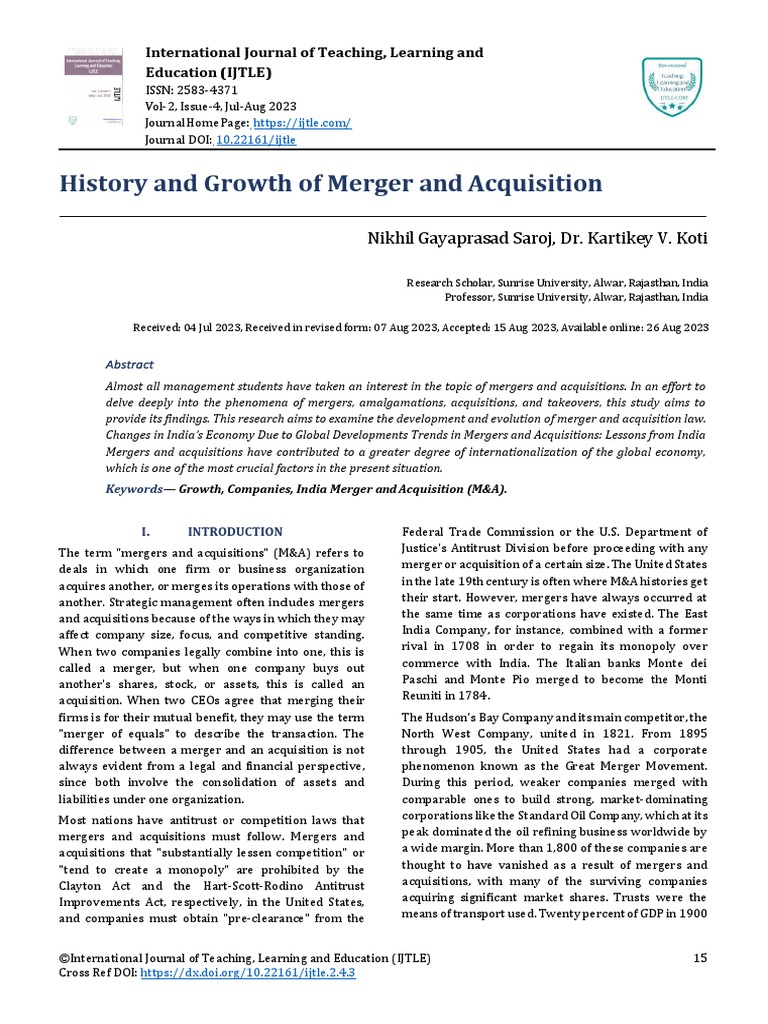 History and Growth of Merger and Acquisition | PDF | Mergers And ...