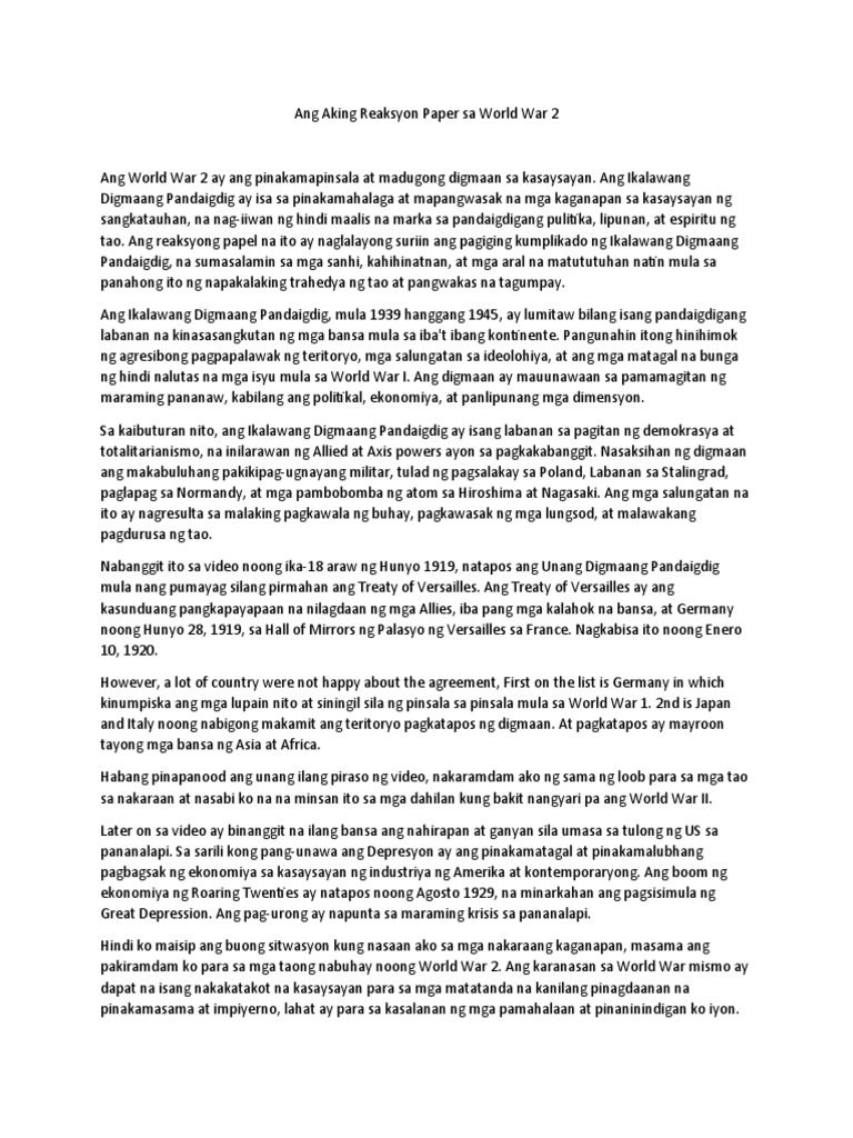 Ang Aking Reaksyon Paper Sa World War 2 | PDF