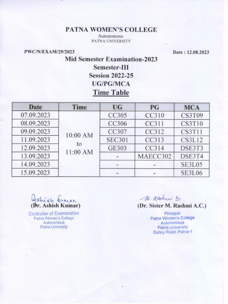 PWC N Exam 29 2023 Ug PG Mca Mid Sem III Exam Schedule | PDF