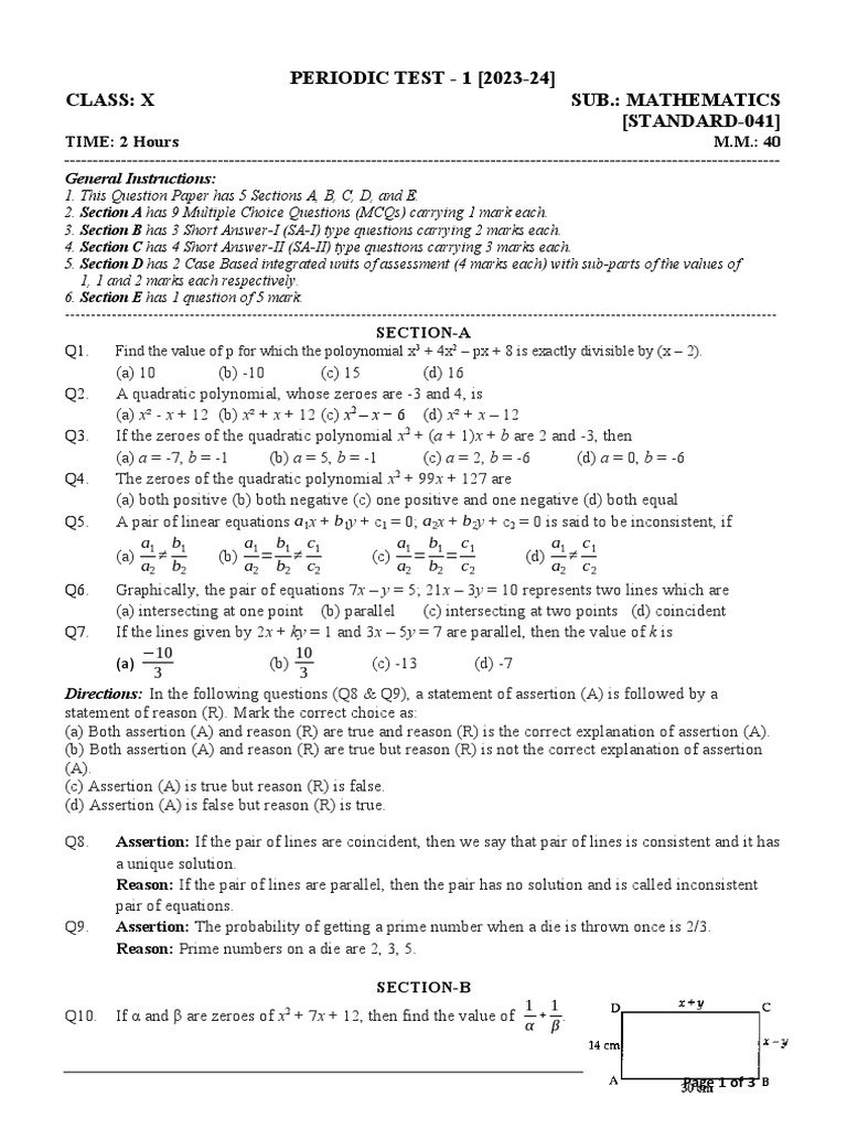 Class10 Pt1 QP STD | PDF | Polynomial | Numbers