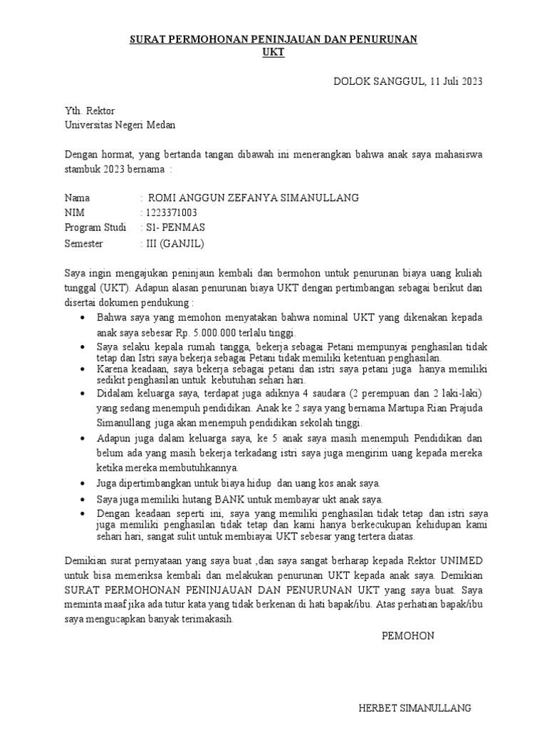 Surat Permohonan Peninjauan Dan Penurunan Ukt Anggun | PDF | Karier & Perkembangan