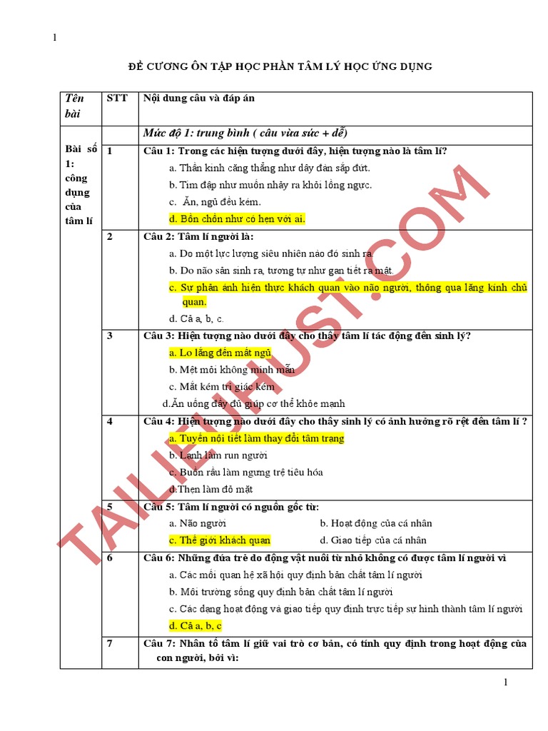 Bộ 210 câu hỏi trắc nghiệm tâm lý học ứng dụng mới nhất 2023 - HUST | PDF