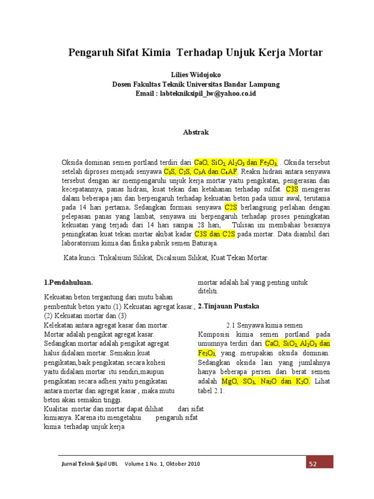 Pengaruh Sifat Kimia Terhadap Unjuk Kerja Mortar | PDF