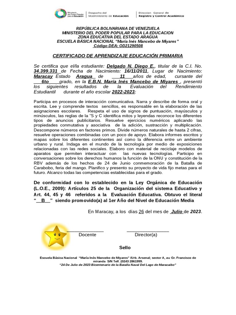 Certificados de Aprendizaje 6to Grado Definitivos 2023 | PDF ...