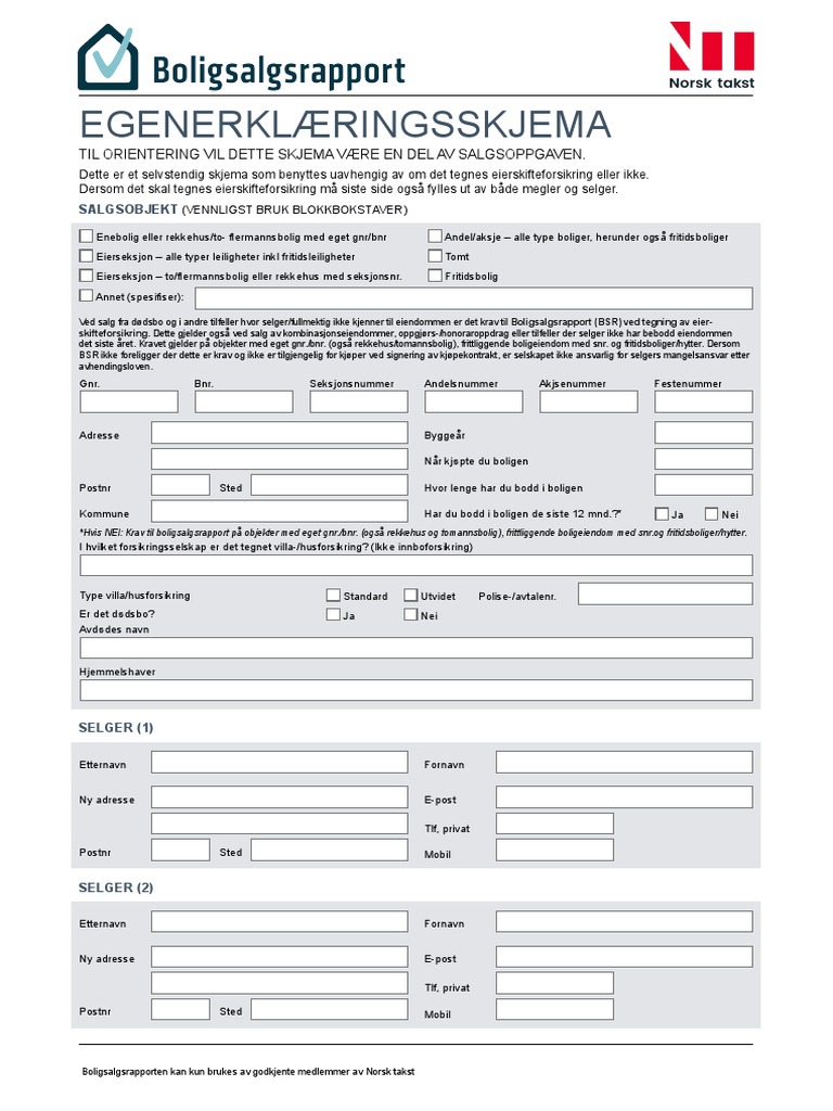 Egenerklæringsskjema: Til Orientering Vil Dette Skjema Være en Del Av Salgsoppgaven | PDF