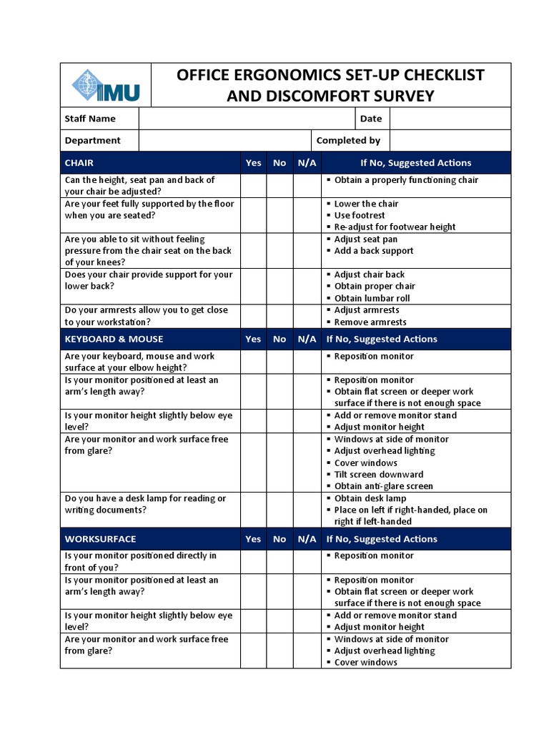 Office Ergonomics Setup Checklist | PDF | Chair | Computer Monitor