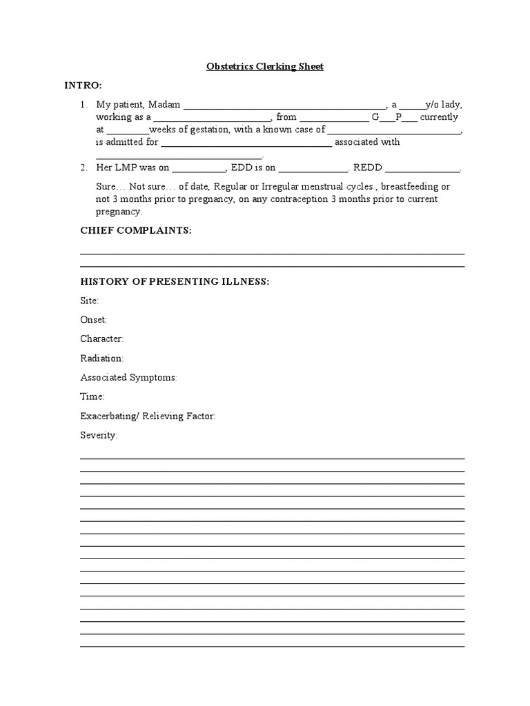 Obstetrics Patient Clerking Sheet | PDF | Wellness