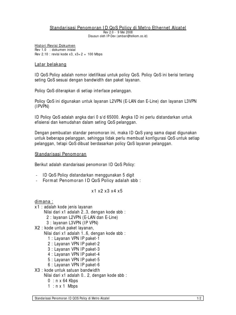 Standarisasi Penomoran ID QoS Policy - Di Alcatel - Rev 2.0 - 9 Mei 08 | PDF | Griya & Taman ...