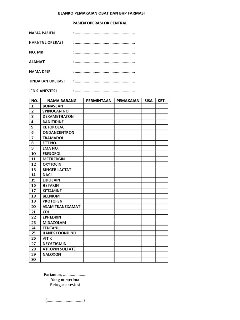 Blanko Pemakaian Obat Dan BHP Farmasi | PDF | Teknologi & Rekayasa