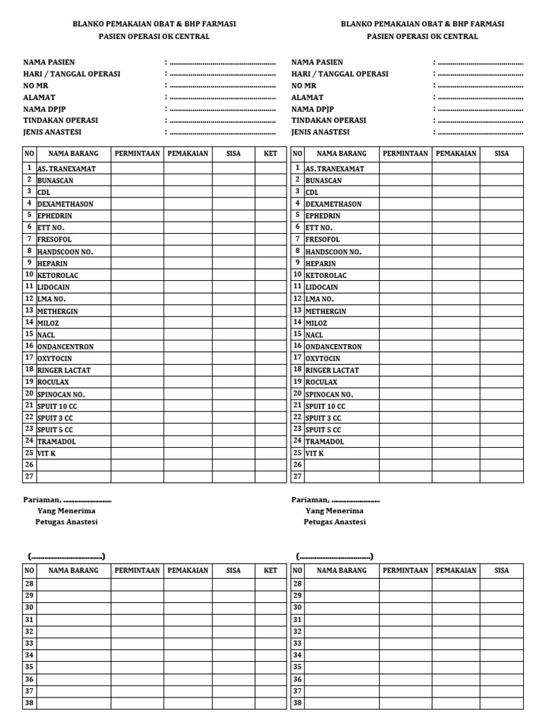 Formulir Pemakaian Obat Operasi | PDF