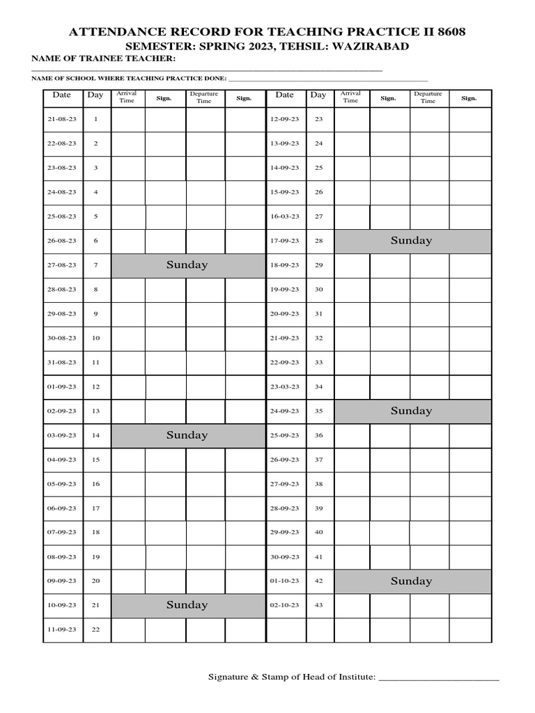 Attendance Sheet Teaching Practice 8608-1 | PDF
