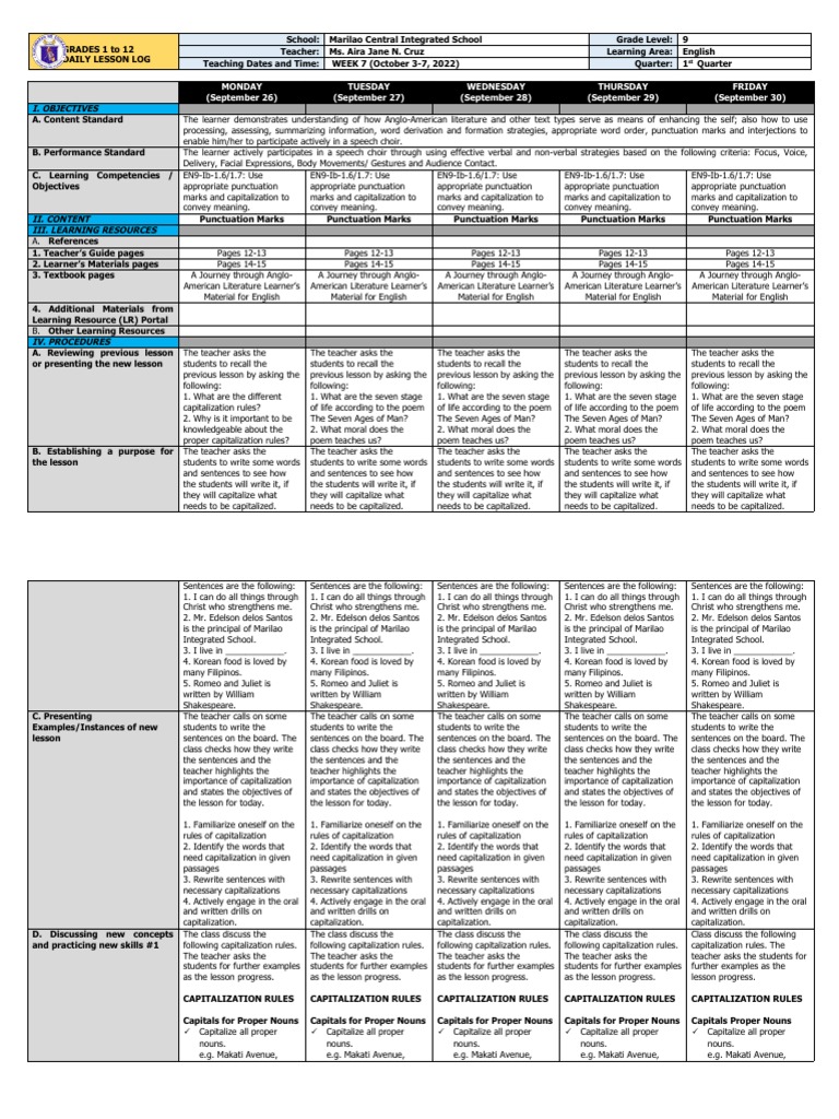 Daily Lesson Log - English 9 - Week 7 | PDF