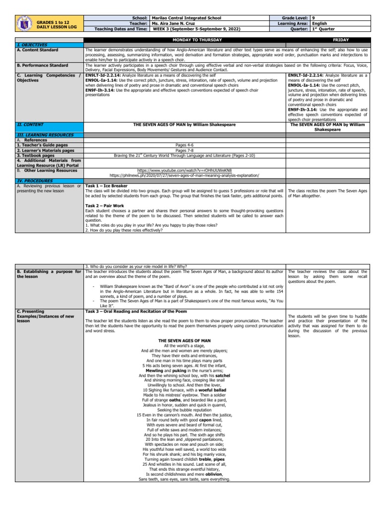 Daily Lesson Log - English 9 - Week 3 | PDF | Teachers | Learning
