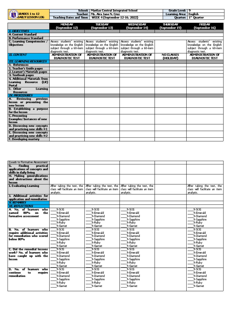 Grade 9 English Diagnostic Test Log | PDF