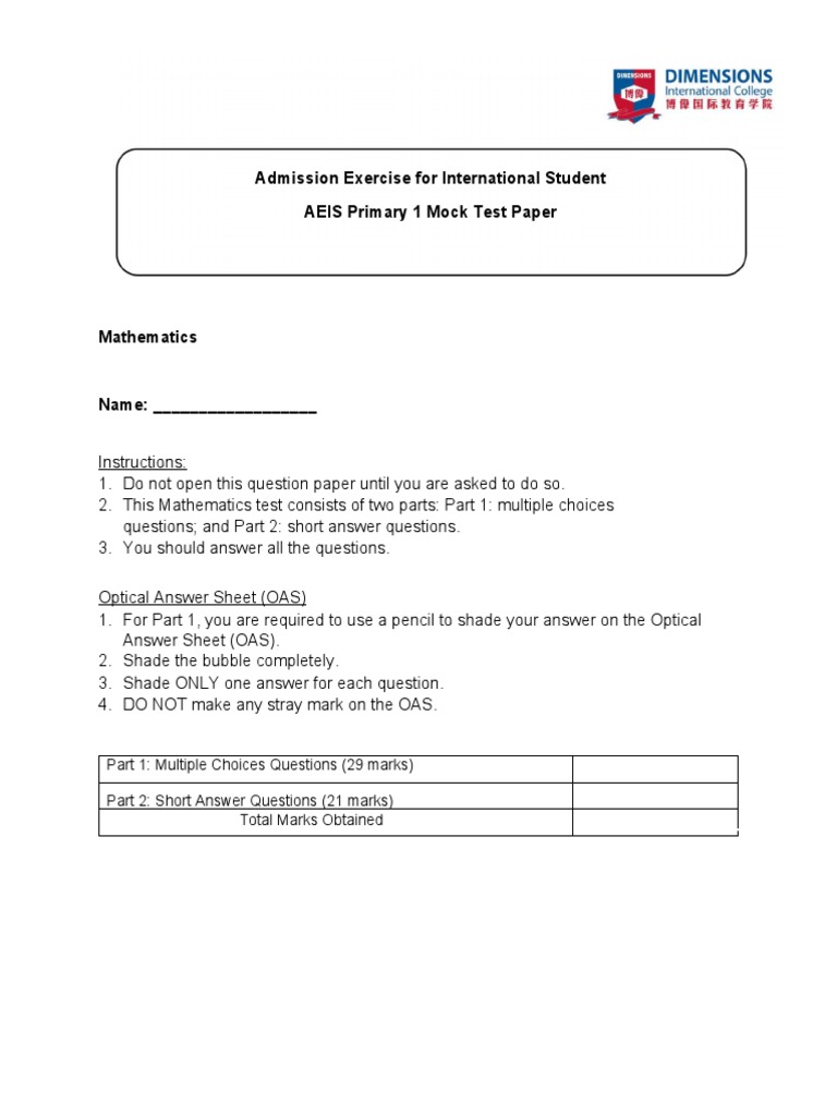 Admission Exercise For International Student AEIS Primary 1 Mock Test ...
