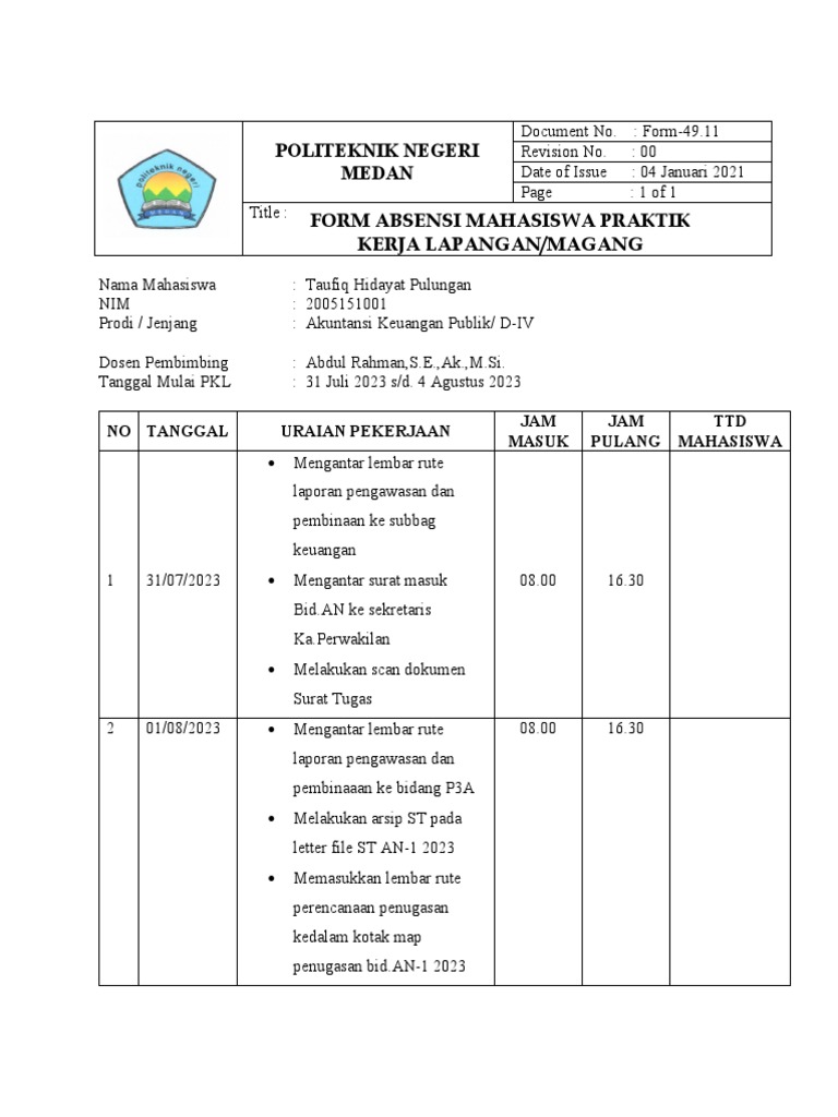 Contoh Absen Magang Mahasiswa | PDF