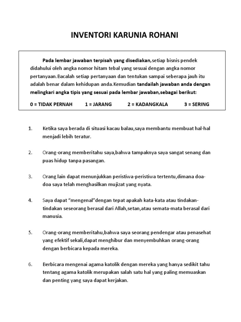 Inventori Karunia Rohani (Lembar Pertanyaan) | PDF