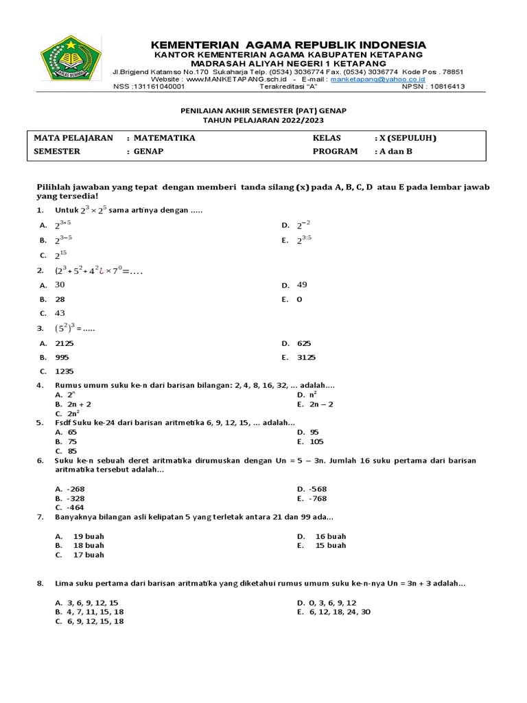 Ulangan Semester 1 Matematika Wajib | PDF