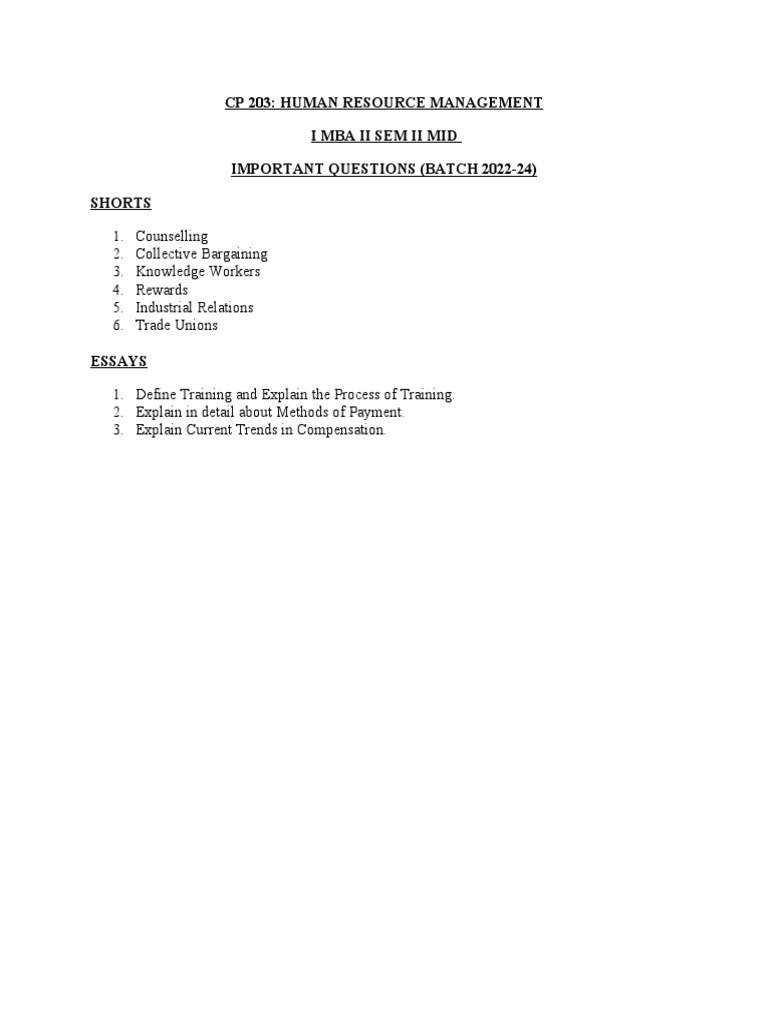 ND - HRM II Sem II Mid Imp Questions | PDF