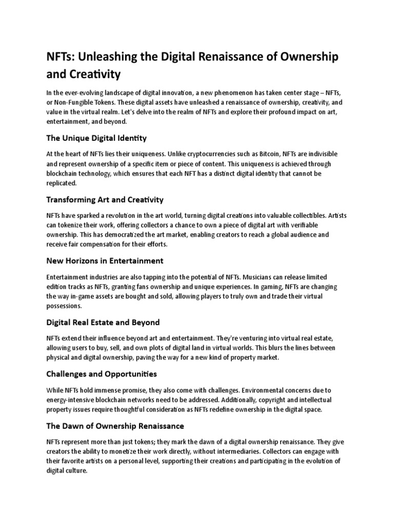 NFTs Unleashing The Digital Renaissance of Ownership and Creativity | PDF