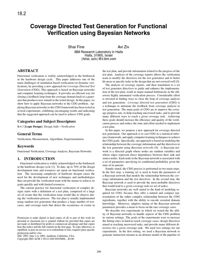 Coverage Directed Test Generation For Functional Verification Using Bayesian Networks Pdf