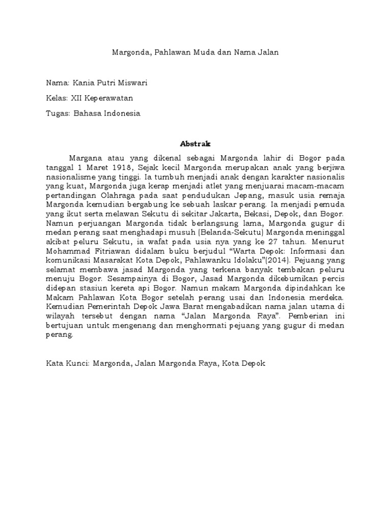 Kania Putri Miswari - XI Keperawatan - Margonda, Pahlawan Muda Dan Nama Jalan | PDF