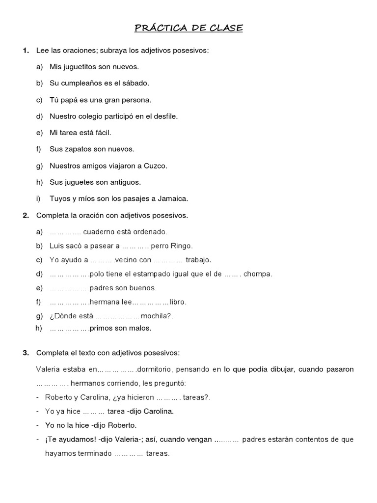 Ejercicios de Adjetivos Posesivos | PDF